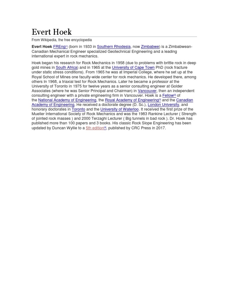Rock Mechanics Pioneer: Evert Hoek | PDF