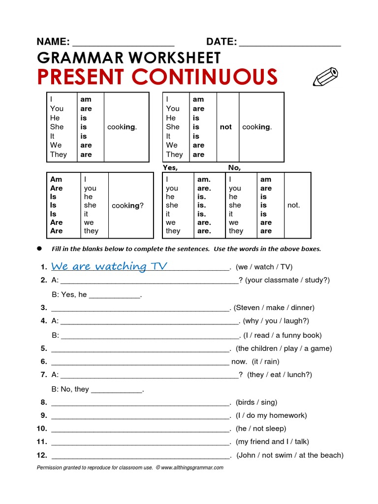 Present Continuos Worksheet | PDF