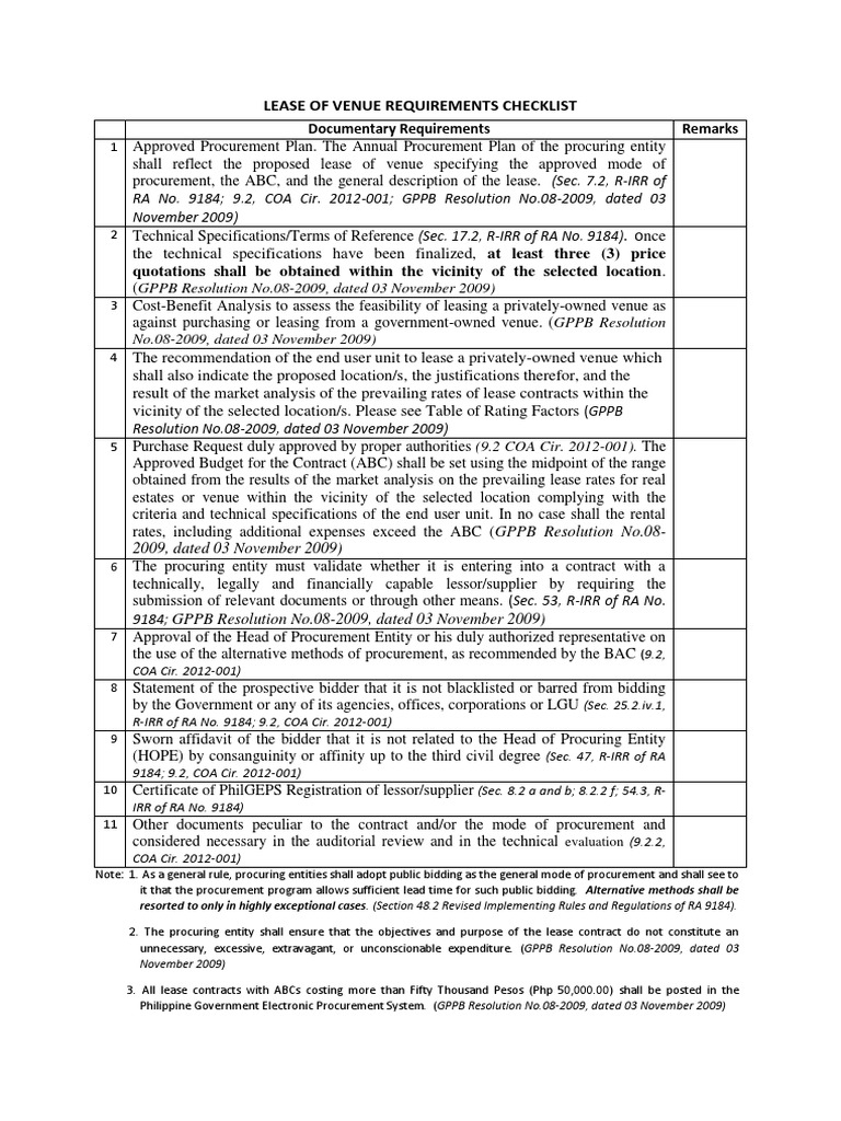 Lease of Venue Requirements Checklist | PDF | Procurement | Lease