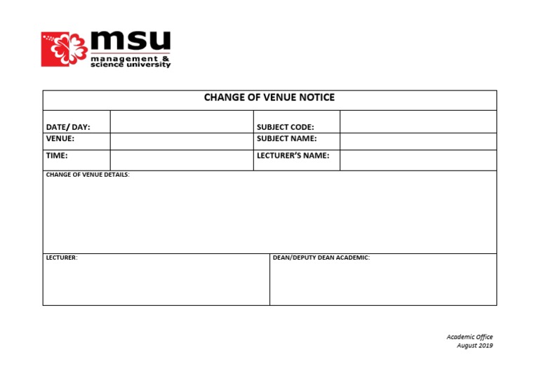 Change of Venue Notice: Date/ Day: Subject Code: Venue: Subject Name ...