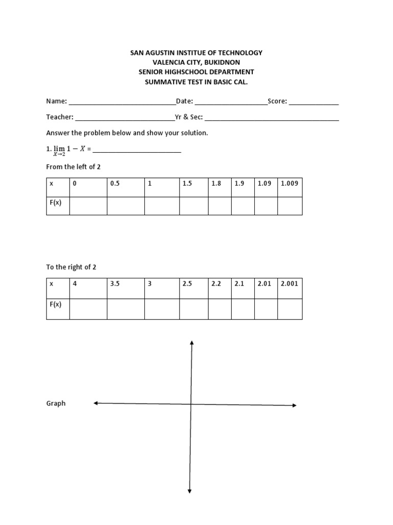 Summative Test in Basic Calculus Containing Problems on Limits ...
