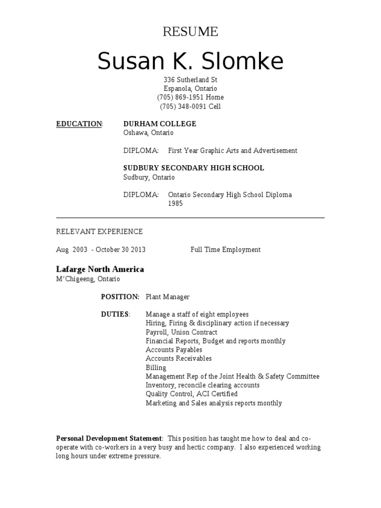 Susan K. Slomke Resume Summary | PDF | Ontario | Employment