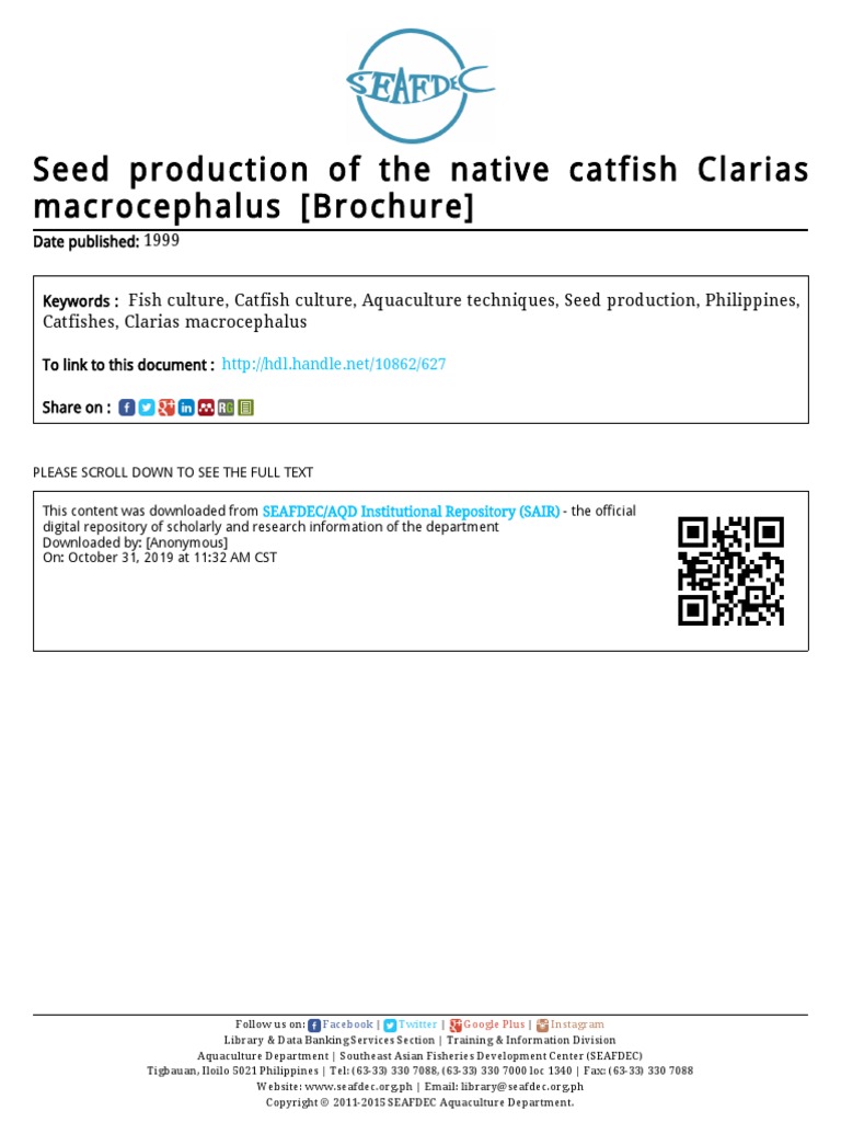 Seed Production of The Native Catfish Clarias Macrocephalus (Brochure ...
