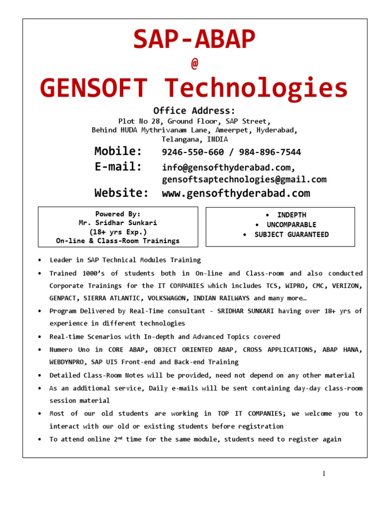 Sap Sridhar Technologies Abap Couse Pdf Class Computer Programming Method Computer