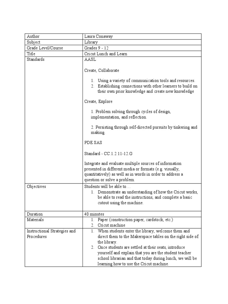 Cricut Lunch and Learn Lesson Plan-2 | PDF | Libraries | Learning