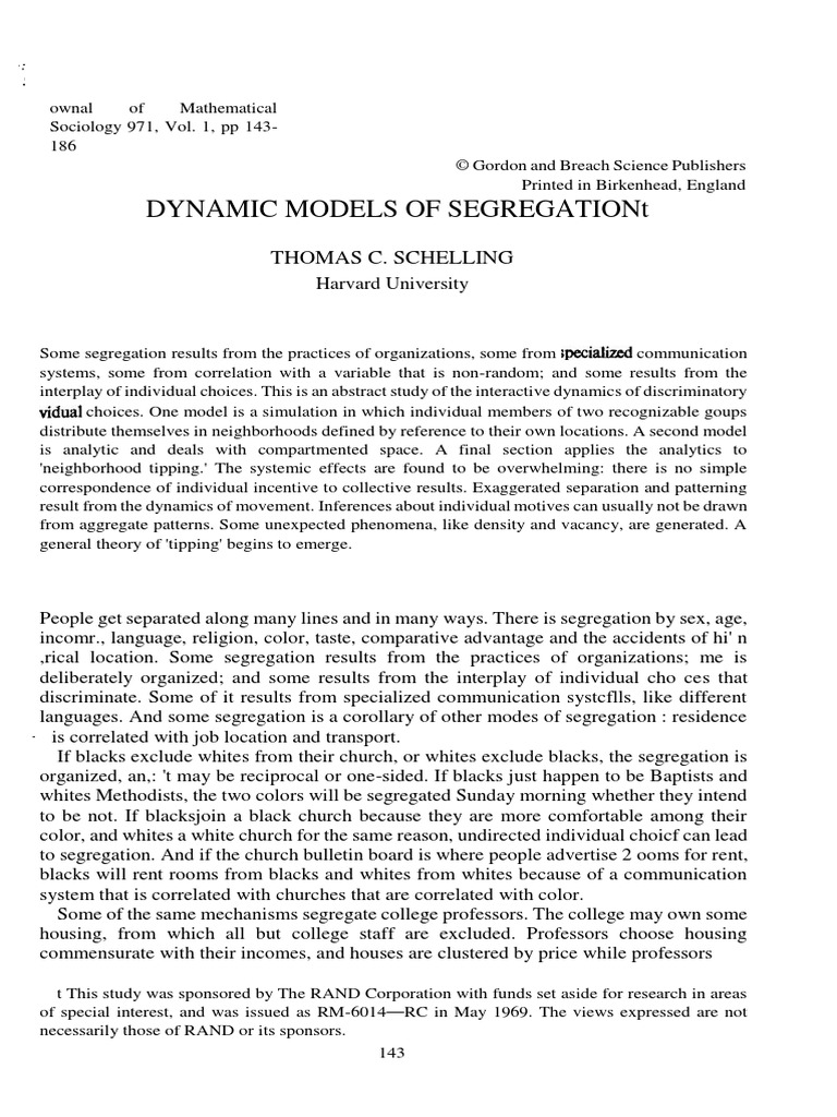 Dynamic Models of Segregationt: Thomas C. Schelling | PDF | Racial Segregation In The United ...