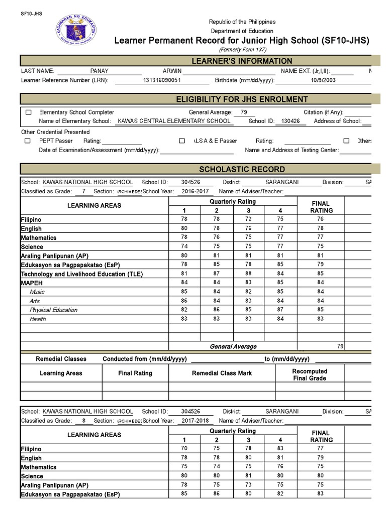 New School Form 10 SF10 Learners Permanent Academic Record For Junior ...