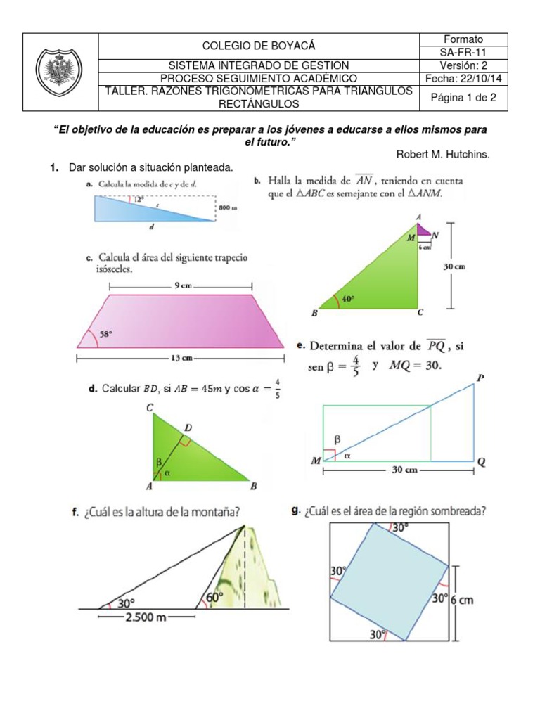 Hoja De Trabajo De Razones Trigonométricas En Triángulos Rectángulos