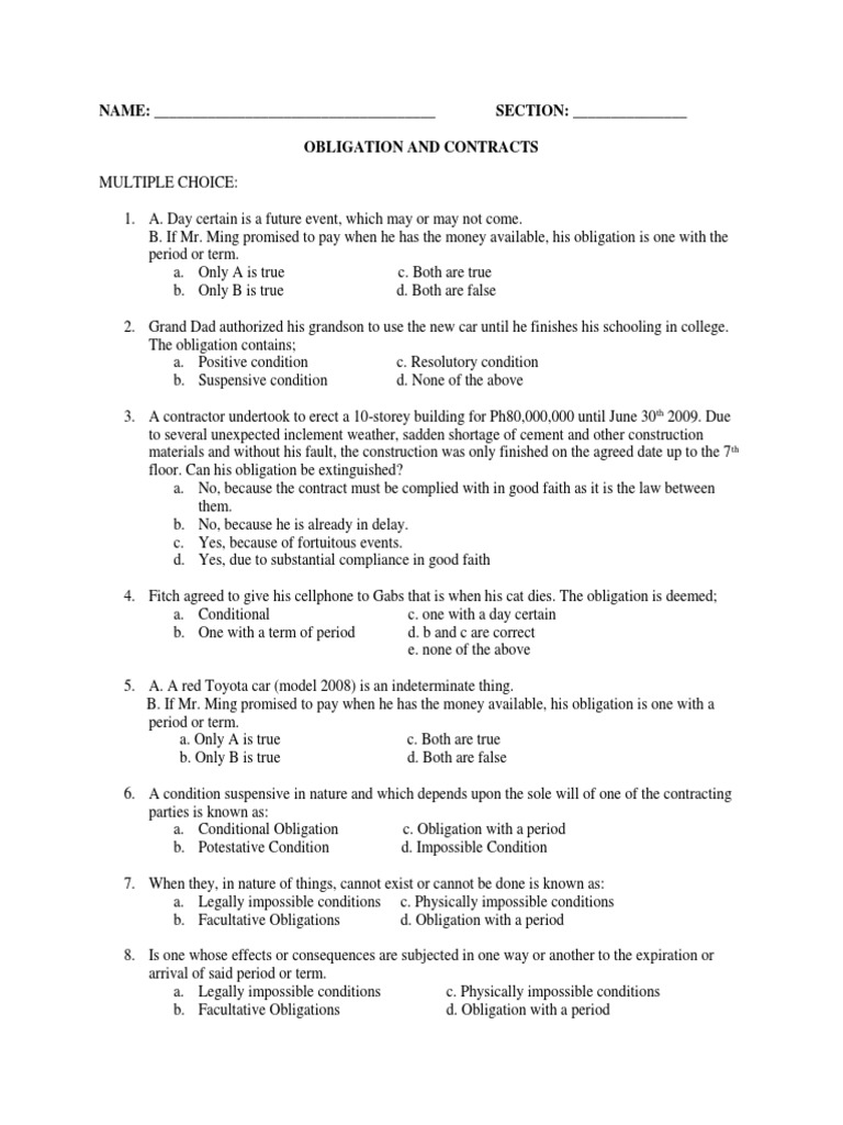 Obli-Con - MCQ | PDF | Virtue | Private Law