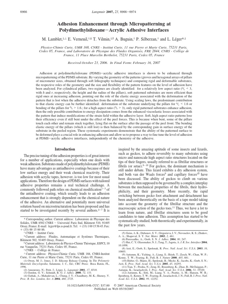 Adhesion Enhancement Through Micropatter PDF | PDF | Adhesion | Fracture