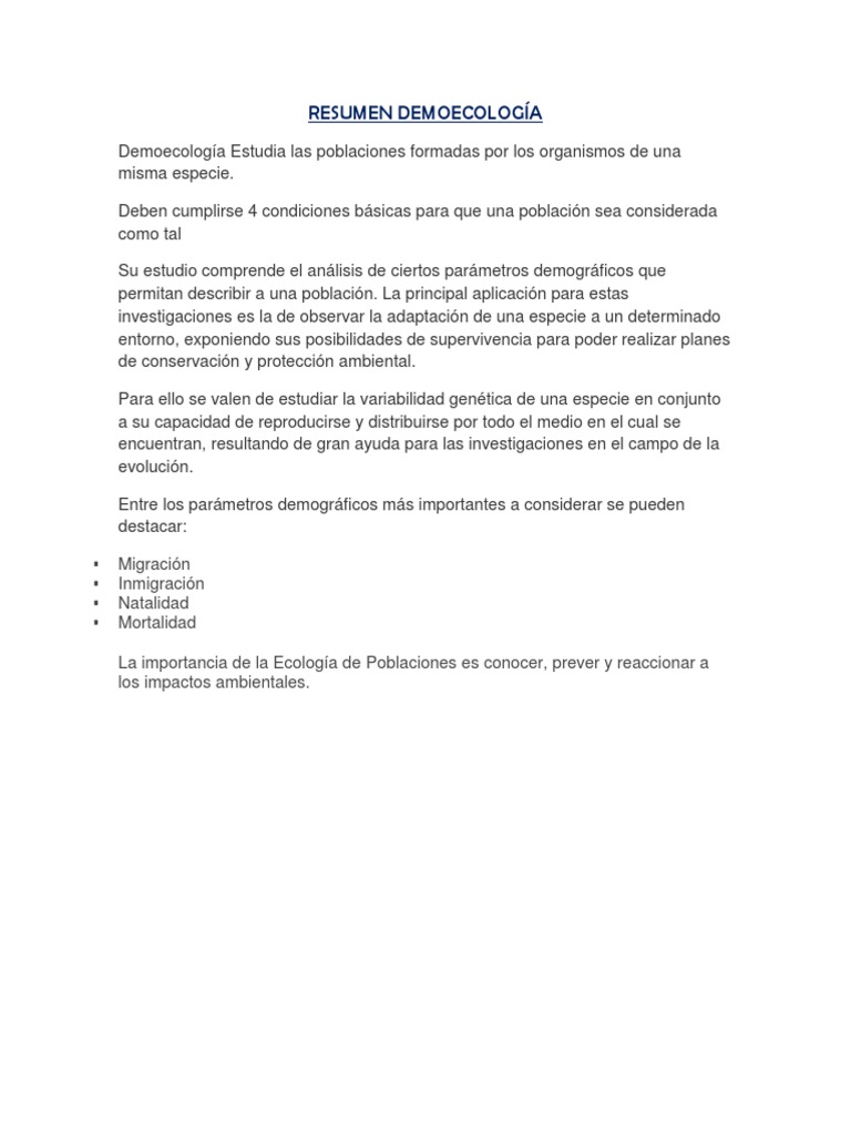 Resumen de Demoecologia | PDF | Evolución | Ciencias sociales ambientales