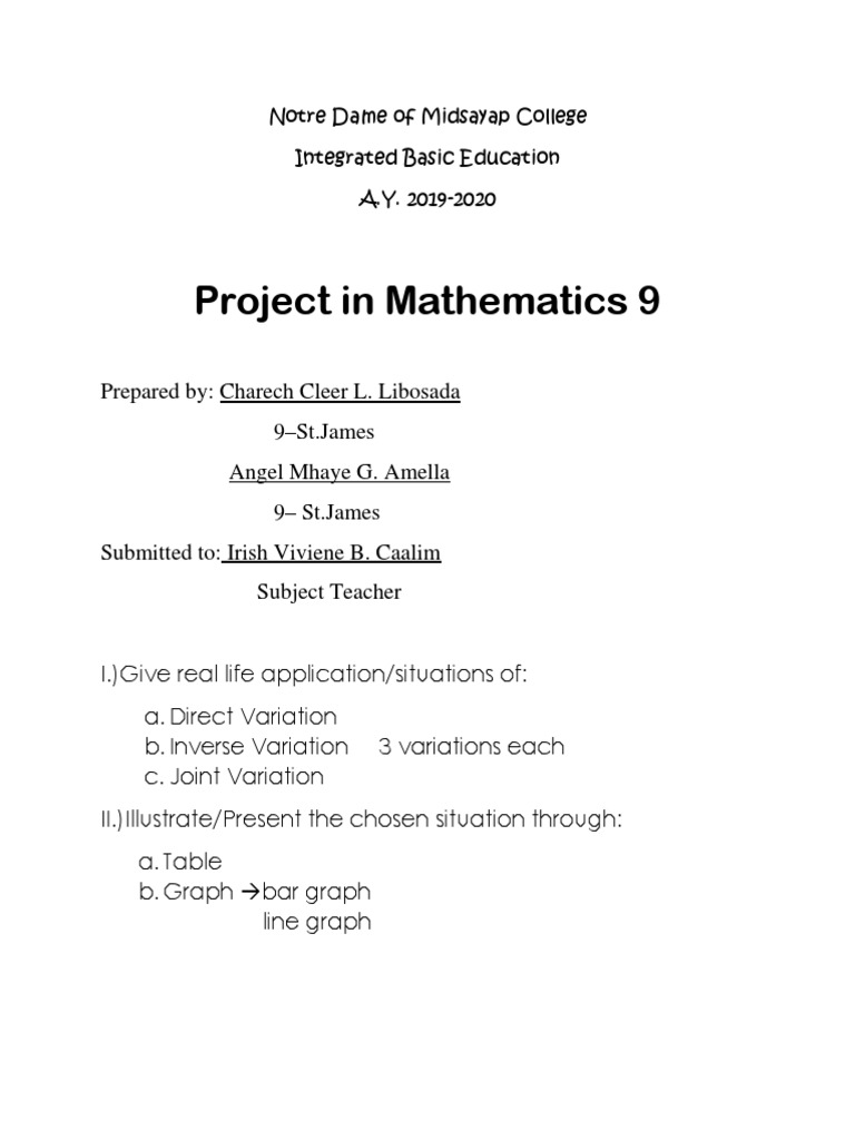 Project in Mathematics 9: Notre Dame of Midsayap College Integrated ...