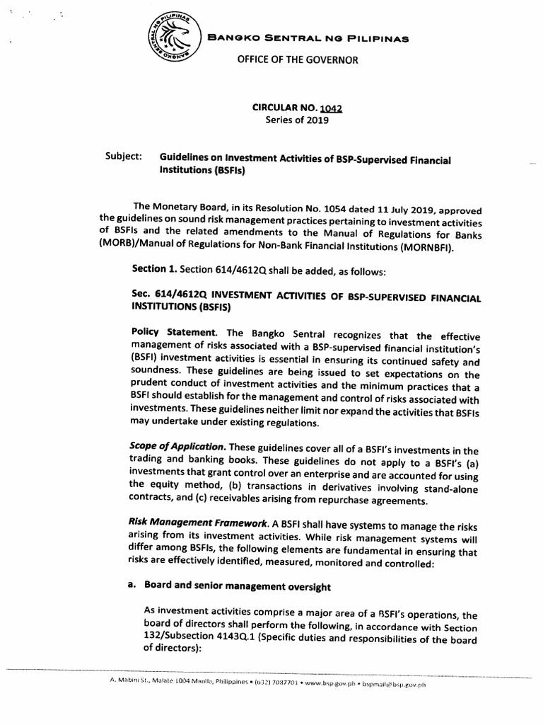 BSP Circular 1042 | PDF | Market Liquidity | Credit Risk