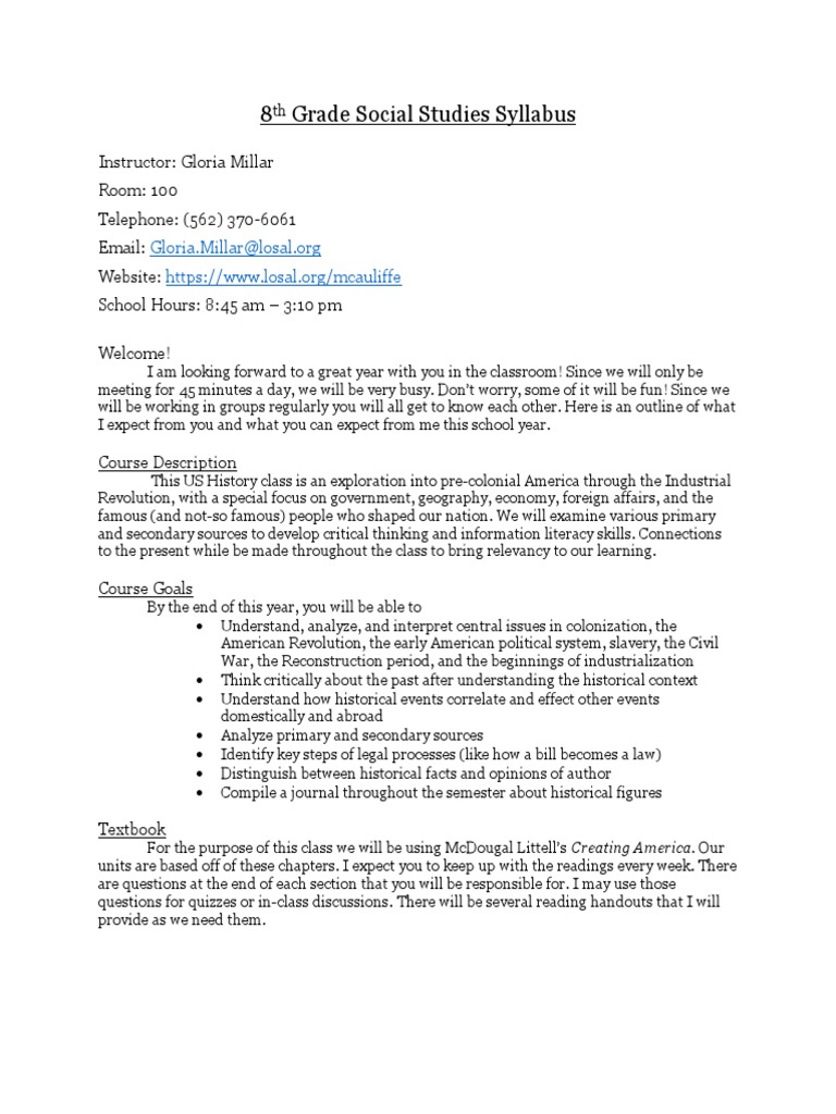 Us History 8th Grade Syllabus | PDF | Academic Dishonesty | The United ...