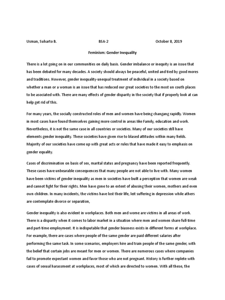 Sample Essay About Feminism | PDF | Gender Inequality | Gender Studies