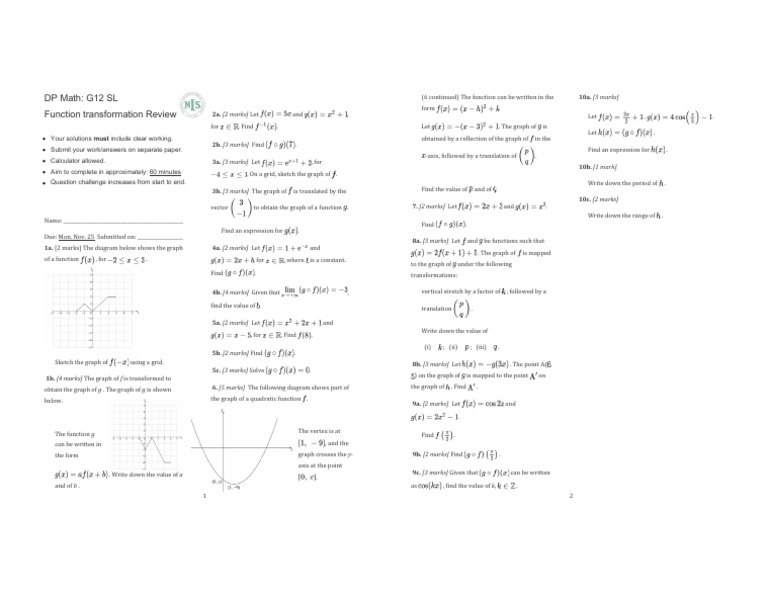 DP Math: G12 SL Function Transformation Review: 1a. (2 Marks) The Diagram Below Shows The Graph ...