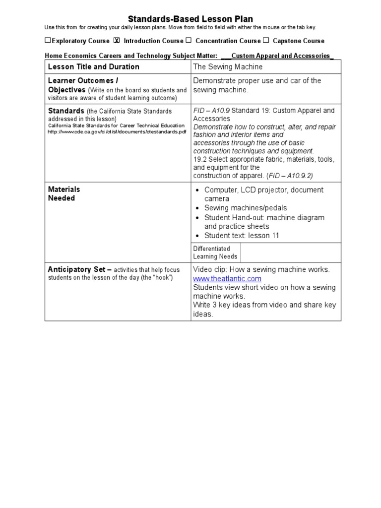 Standards-Based Lesson Plan: Lesson Title and Duration Learner Outcomes ...