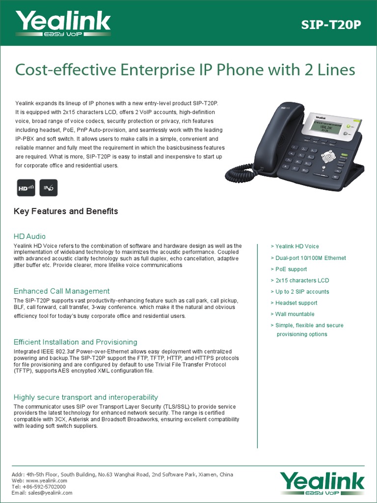 Yealink SIP-T20P Datasheet | PDF | Voice Over Ip | Session Initiation ...