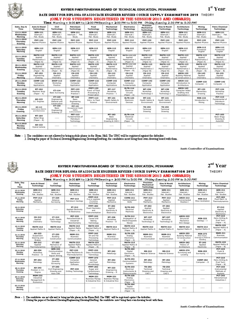 DAE SUPPLY 2019 Date Sheet (Revised Course) | PDF | Engineering ...