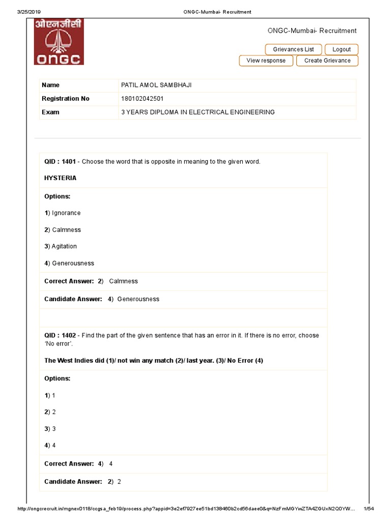 ONGC AEE Response Sheet 2024 | PDF | Electric Motor | Transformer