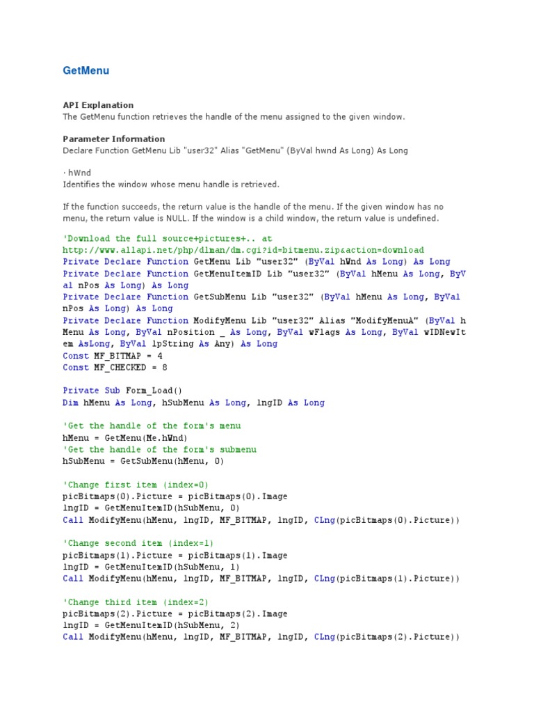 API Menus (VB) | PDF | Parameter (Computer Programming) | Menu (Computing)