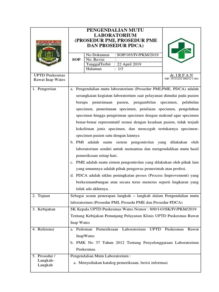 8.1.7.1 Sop Pengendalian Mutu Laboratorium (Pmi, Pme, Pdca) | PDF