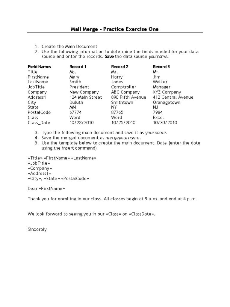 Mail Merge - Practice Exercise One: Field Names Record 1 Record 2 Record 3 | PDF