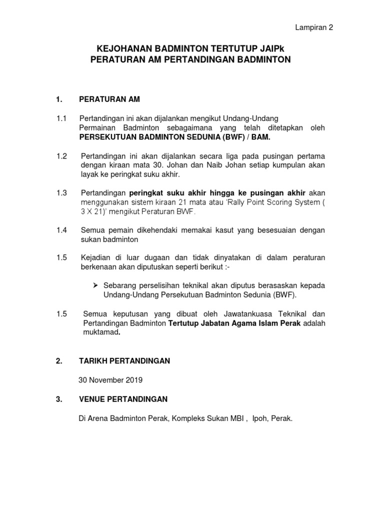 Contoh Syarat Pertandingan Badminton | PDF