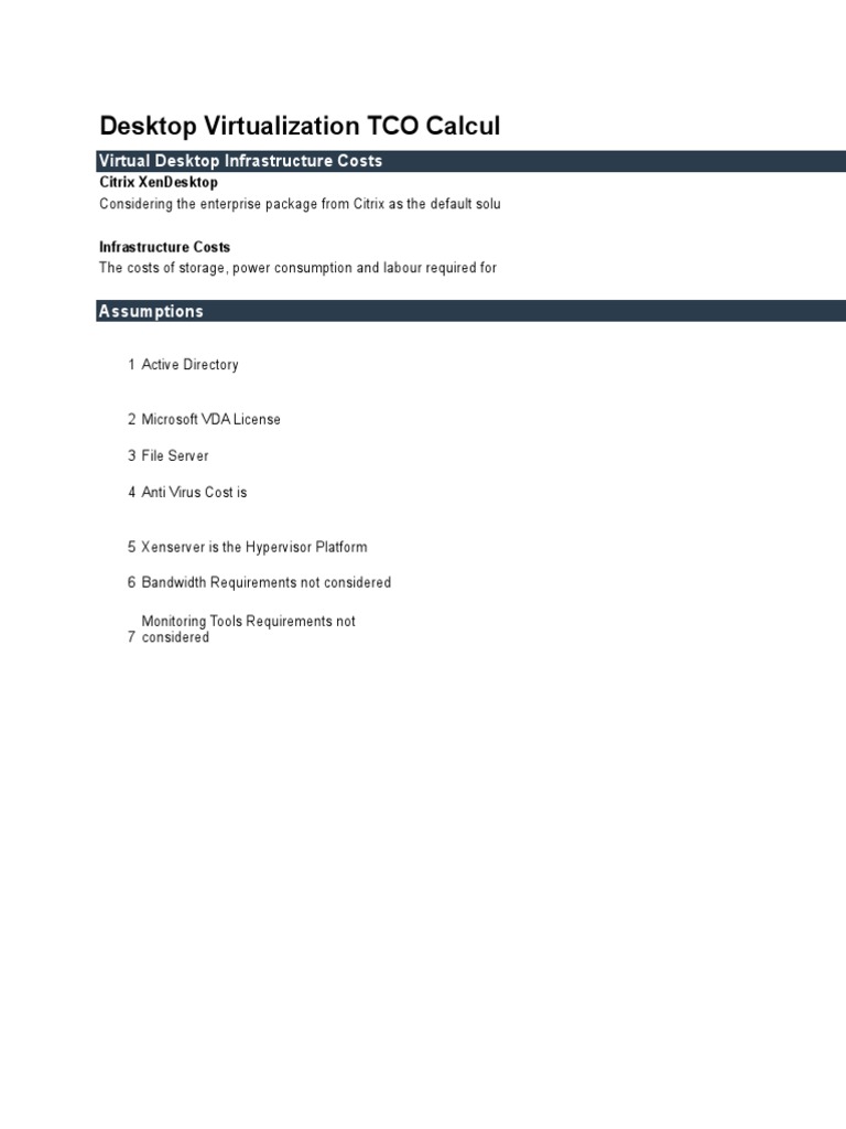 ROI - TCO Calculator v0.4 | PDF | Desktop Virtualization | Virtualization ROI - TCO Calculator v0.4 | PDF | Desktop Virtualization | Virtualization