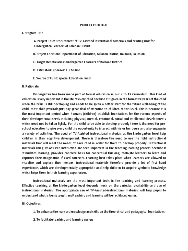 Project Proposal | PDF | Cognitive Development | Kindergarten