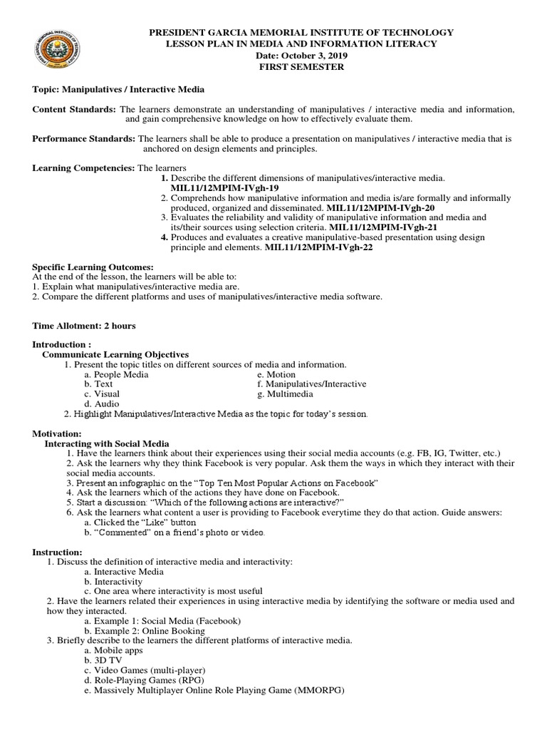 Media and Information Literacy Lesson Plan - Second Quarter | PDF ...