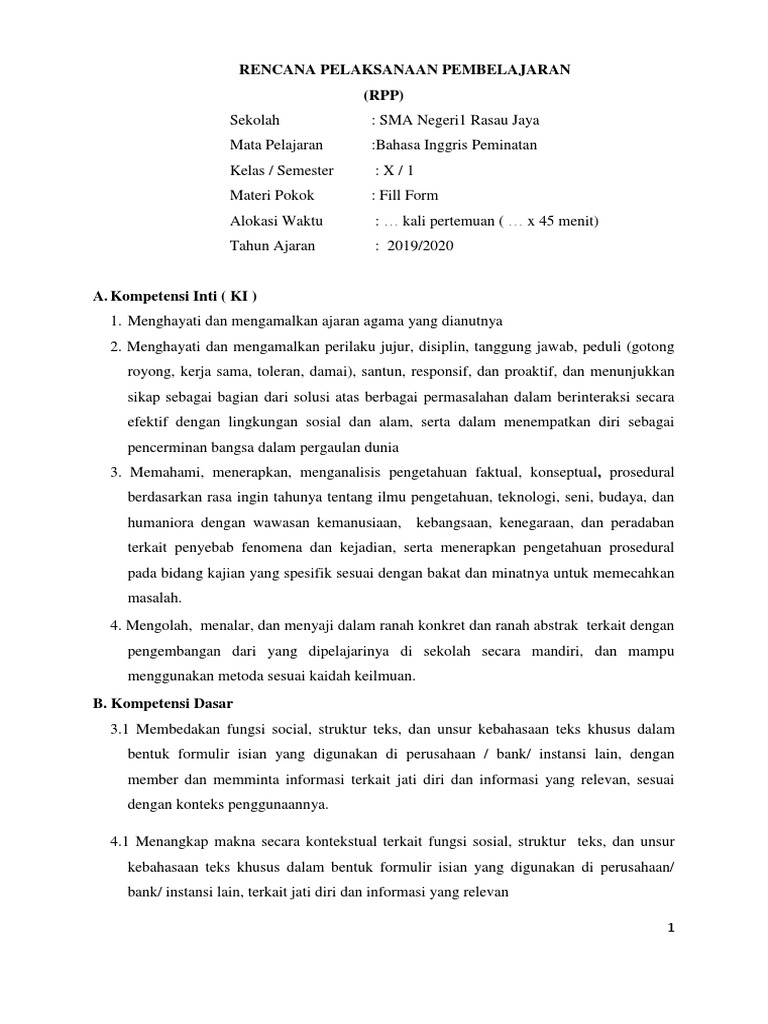 RPP Bahasa Dan Sastra Inggris Lintas Minat Untuk Kelas X SMA | PDF