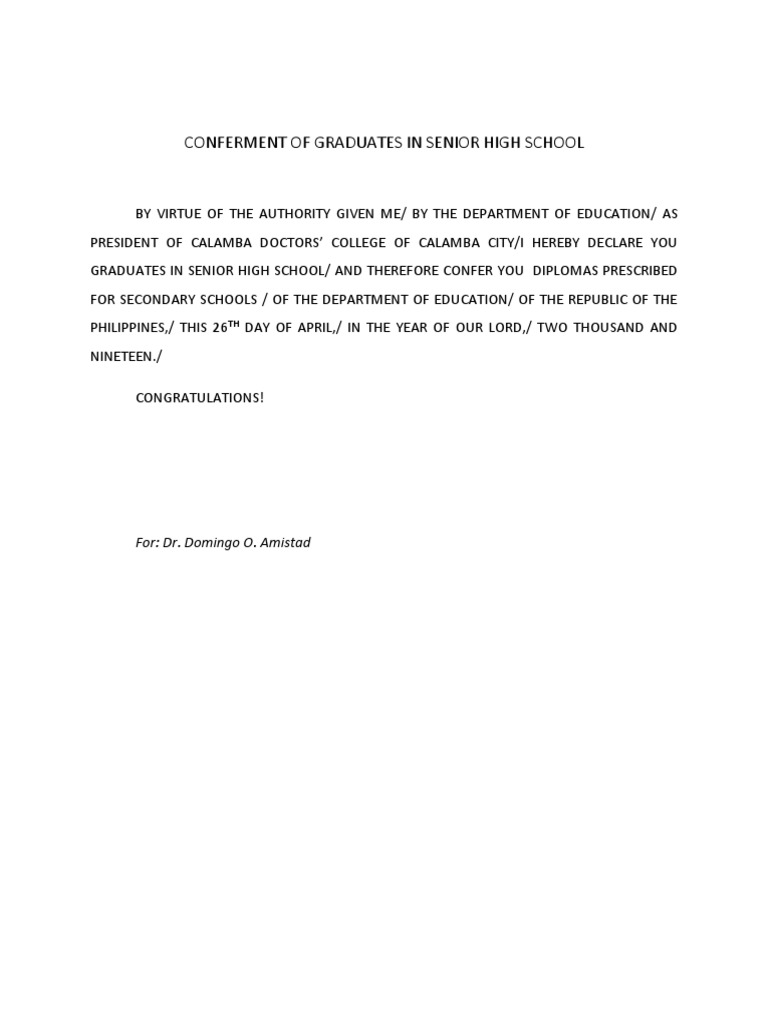 Conferment of Graduates in Senior High School | PDF