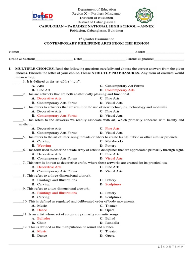 1st Quarter Exam Aug2019 Contemporary Arts in The Region | PDF | Fine ...