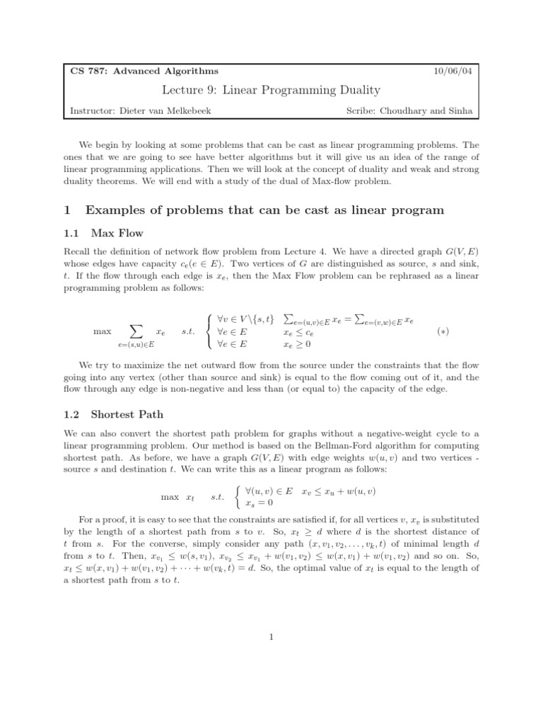 Lecture 9: Linear Programming Duality: 1.1 Max Flow | PDF | Linear Programming | Combinatorics