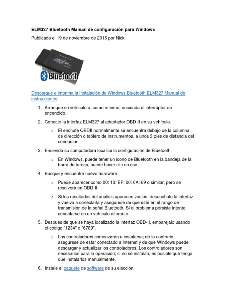 ELM327 Bluetooth Manual de Configuración para Windows | PDF | Bluetooth | Software