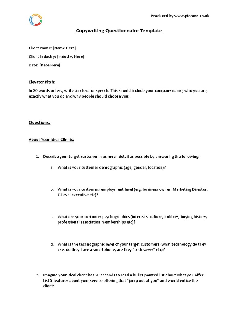Piccana Copywriting Questionnaire | PDF | Customer | Brand