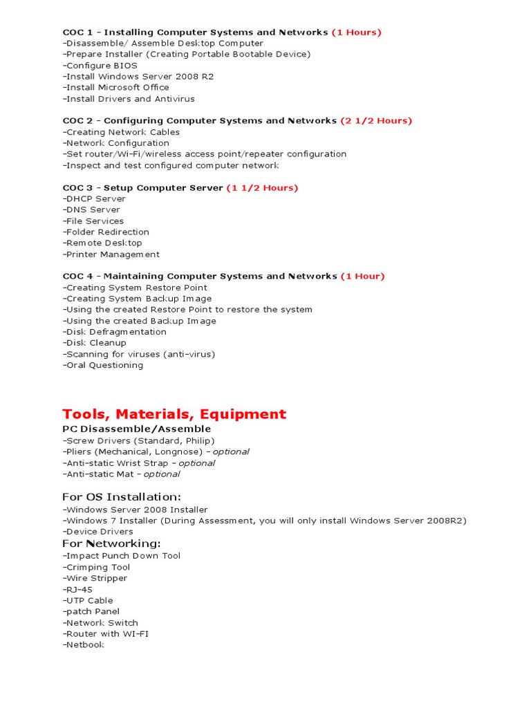 Tools Materials Equipment Coc 1 Installing Computer Systems And Networks Pdf