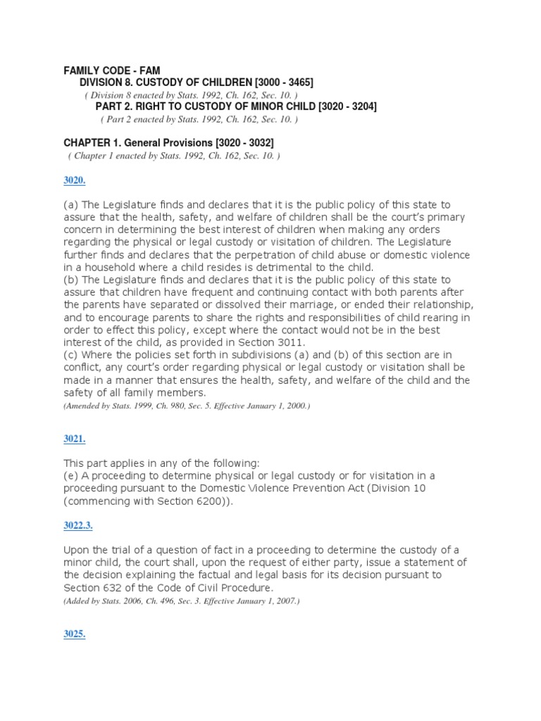 Family Code - Fam Division 8. Custody of Children (3000 - 3465) Part 2 ...
