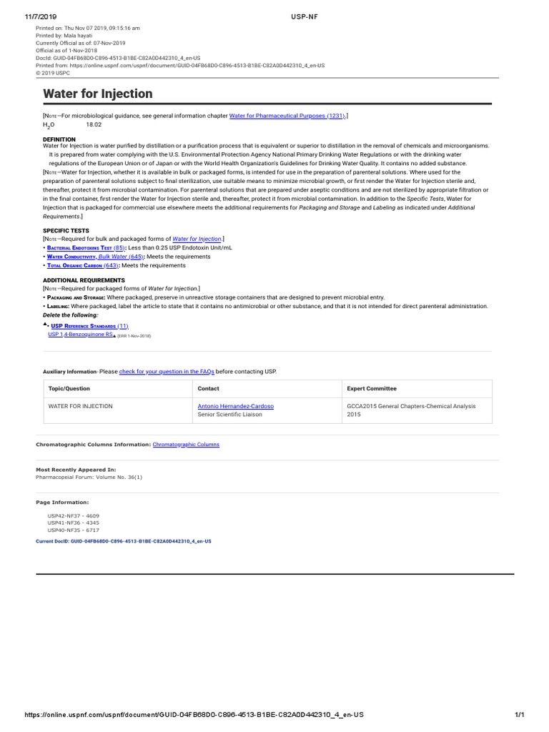 Wfi - Usp 42 PDF | Download Free PDF | Drinking Water | Sterilization ...