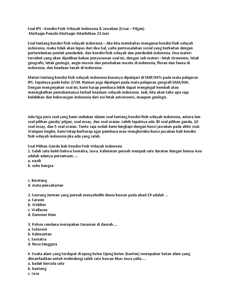 Soal IPS Kondisi Fisik Wilayah Indonesia & Jawaban (Essai - Pilgan) | PDF