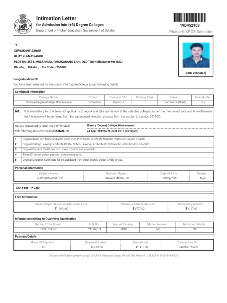 Intimation Letter: For Admission Into (+3) Degree Colleges 19D452108 ...