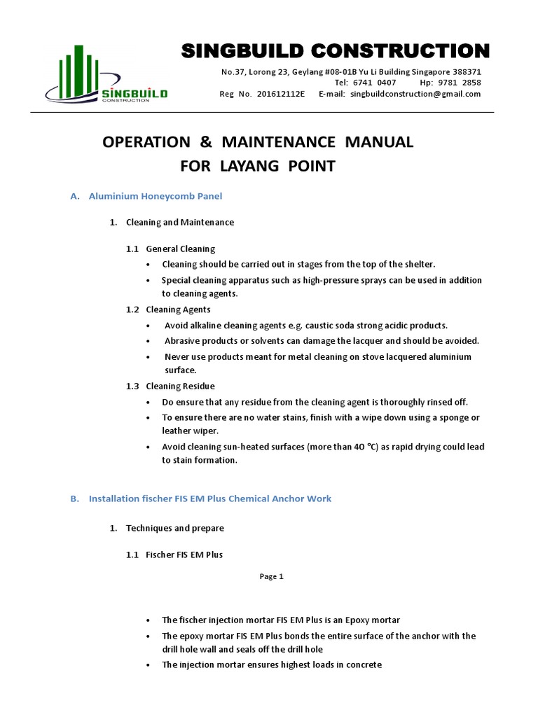 Singbuild Construction Pte LTD: Operation & Maintenance Manual For ...