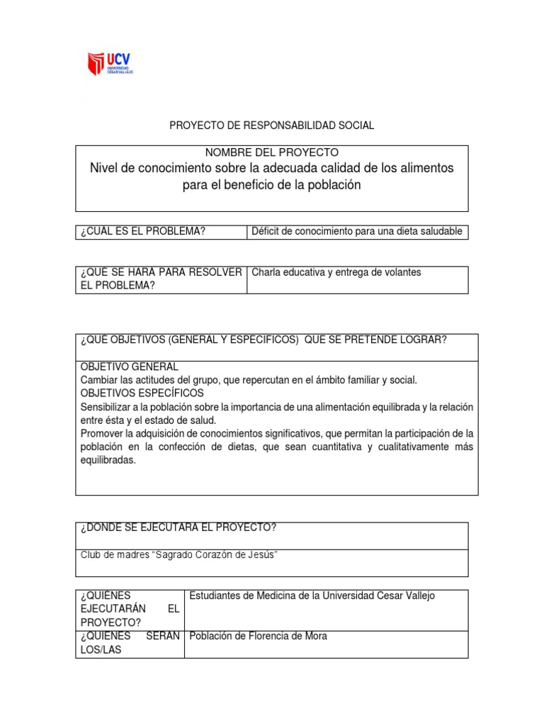 Modelo de Proyecto de Responsabilidad Social Esquema Del Proyecto Sesion 8 2019 2 | Descargar ...