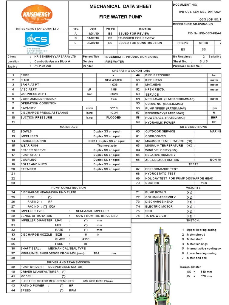 IPB-OCS-KEA-MEC-DAT-0024 Rev0 Mechanical Data Sheet For Fire Water Pump ...