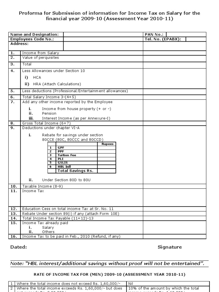 Proforma For Income Tax On Salary For The Financial Year 2009-10 - AY ...
