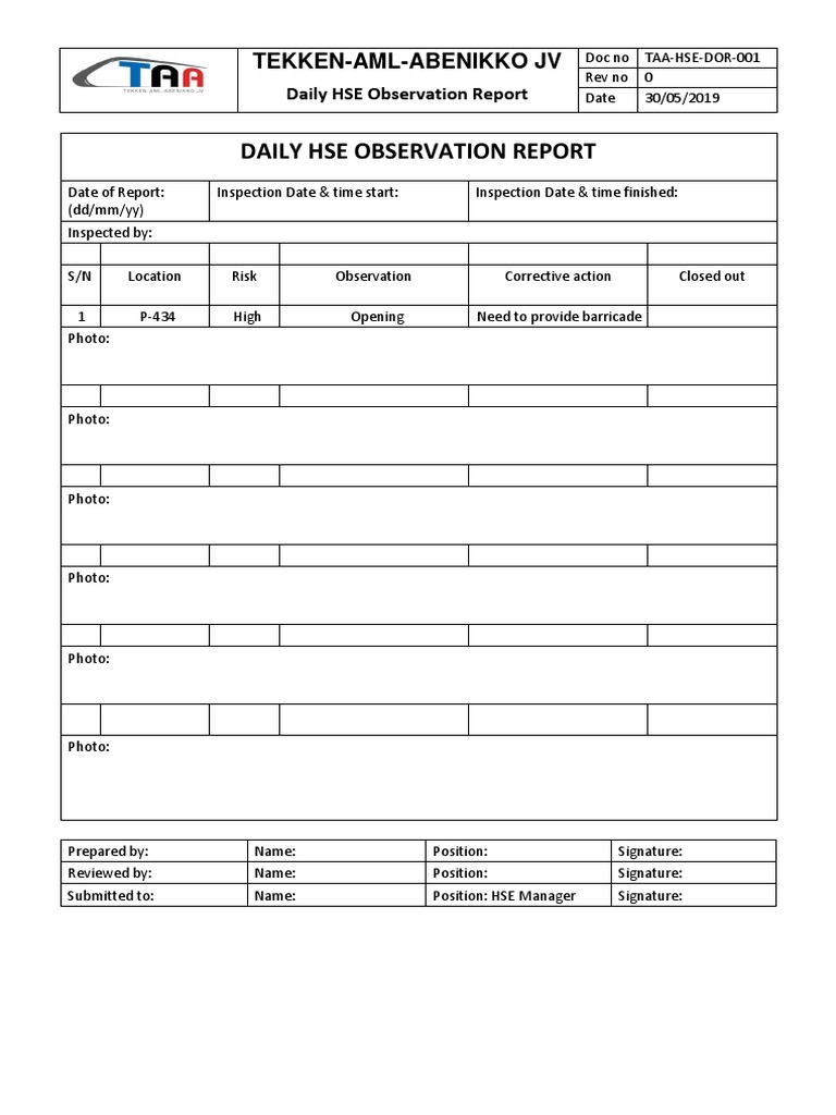 Daily Hse Observation Report: Tekken-Aml-Abenikko JV | PDF