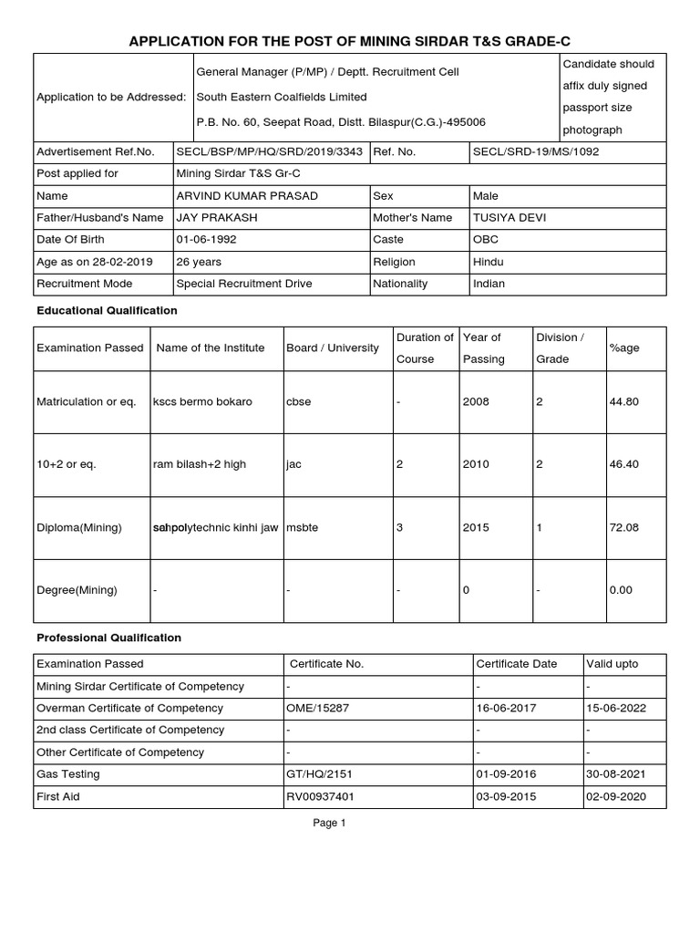 Application For The Post of Mining Sirdar T&S Grade-C: Educational Qualification | PDF | Government