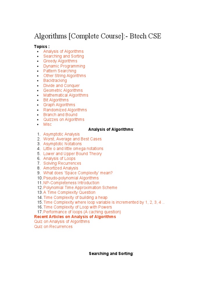Algorithms (Complete Course) :-Btech CSE: Topics | PDF | Time Complexity | Mathematical Logic