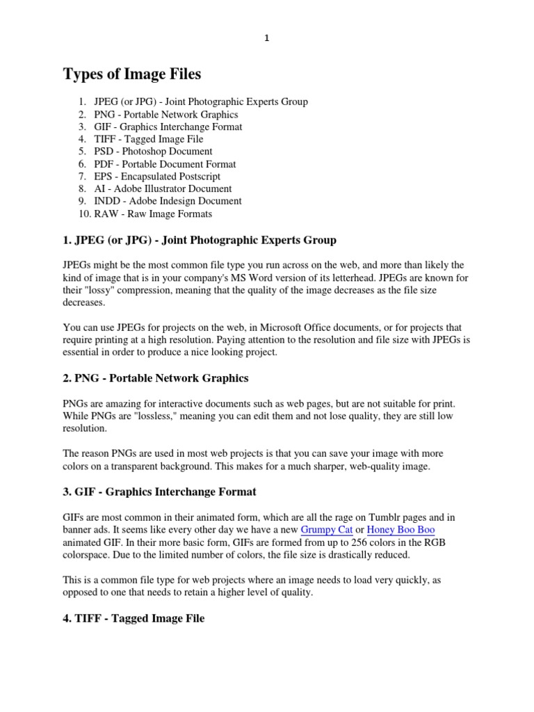 Types of Image Files: 1. JPEG (Or JPG) - Joint Photographic Experts ...